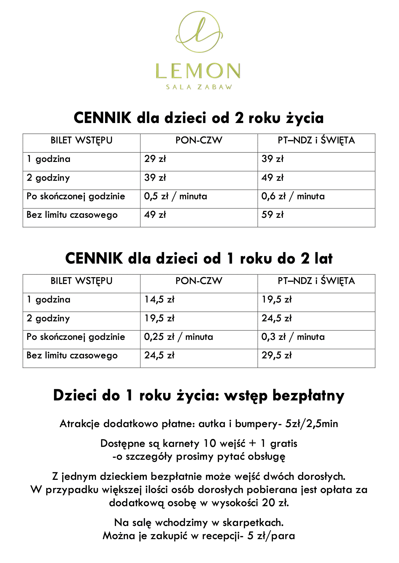Cennik - Sala Zabaw Lemon